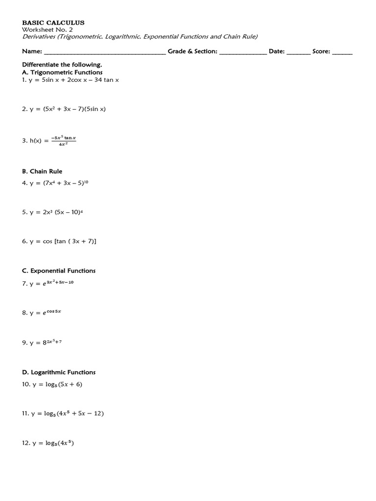 Basic Calculus Derivatives Worksheet | PDF