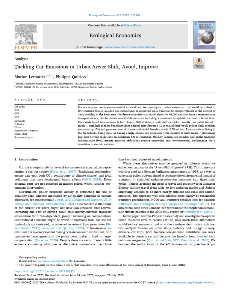 Tackling Car Emissions in Urban Areas Shift, Avoid, Improve | PDF ...