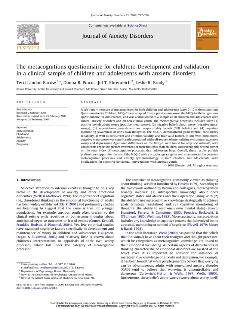 The Metacognitions Questionnaire For Children (MCQ-C Bacow | PDF ...