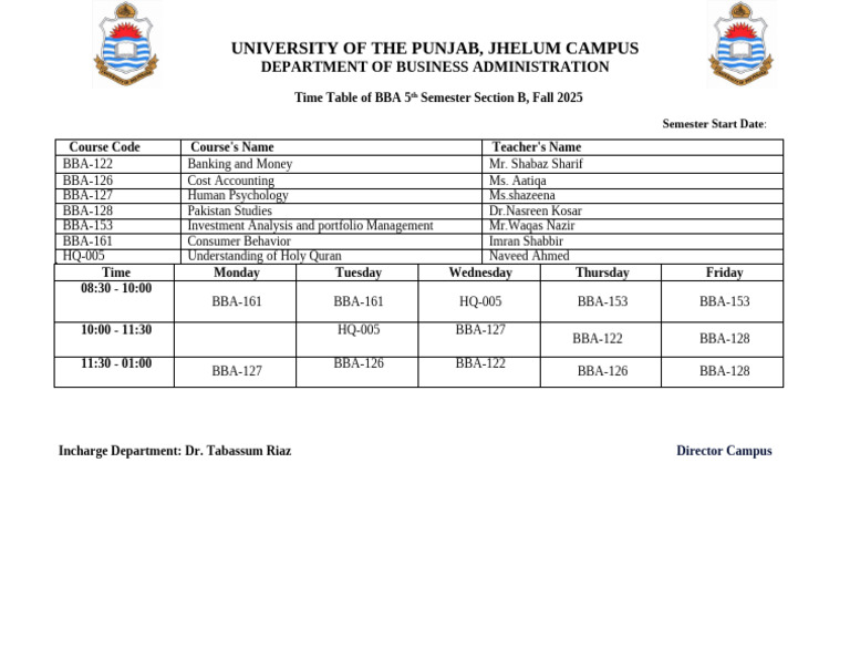 BBA 5th Semester Timetable Fall 2025 | PDF