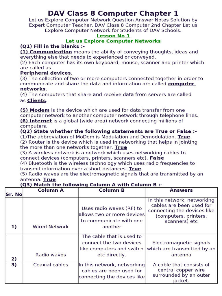 DAV Class 8 Computer Chapter 1 Notes | PDF | Computer Network | Hyperlink