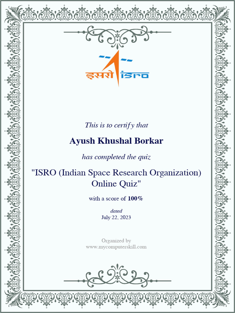 ISRO Quiz Certificate for Ayush Borkar | PDF