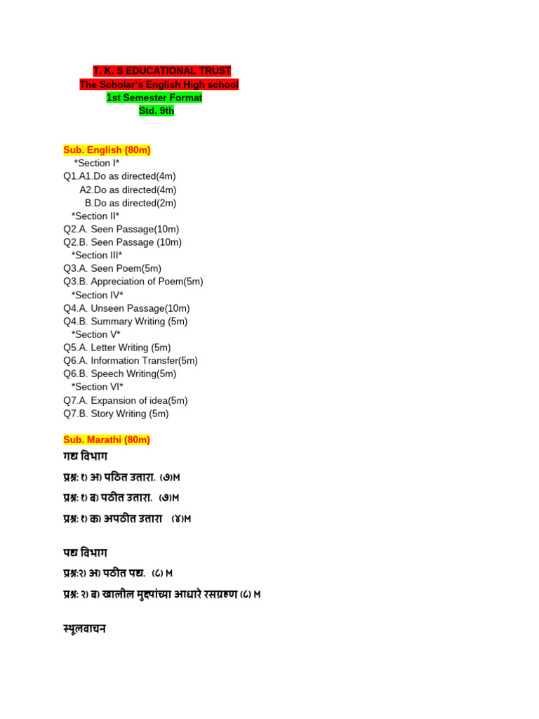 9th Grade English Exam Format | PDF