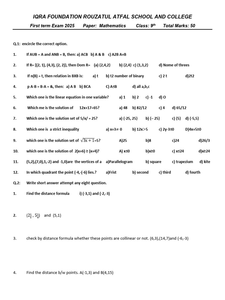 9th Grade Math Exam Paper 2025 | PDF | Mathematics | Elementary Mathematics