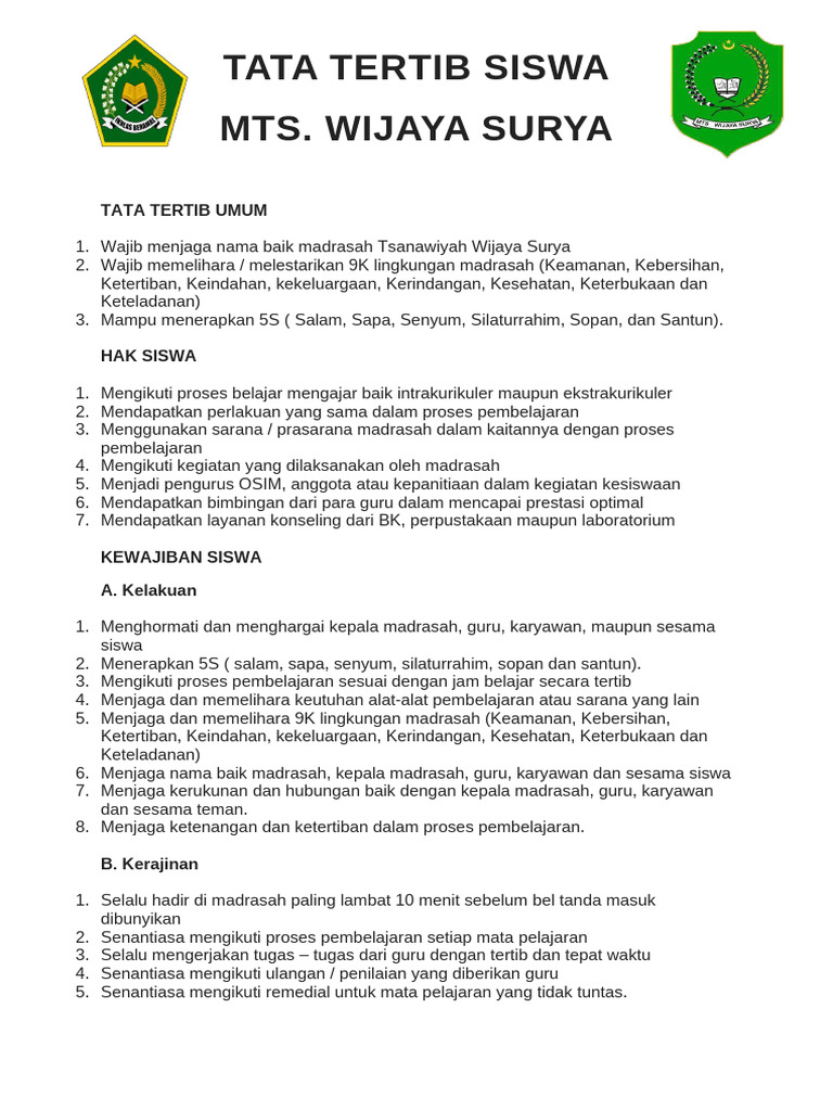 Tata Tertib Siswa MTS Wijaya Surya | PDF