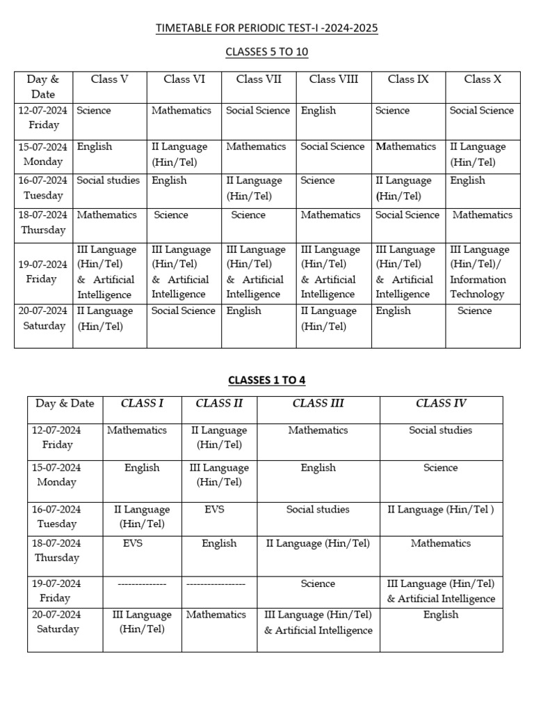 2024-2025 Periodic Test Timetable | PDF