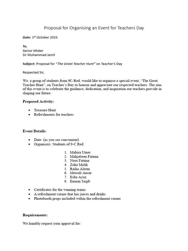 Proposal For Organising An Event For Teachers Day | PDF