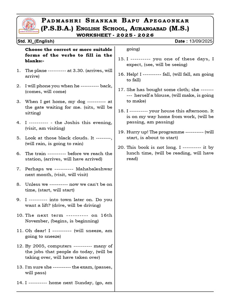Std XI English Verb Worksheet 2025-26 | PDF
