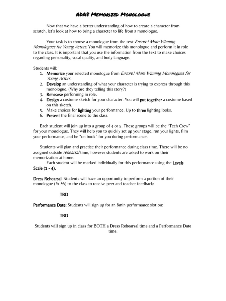 Monologue Performance Guidelines for Students | PDF