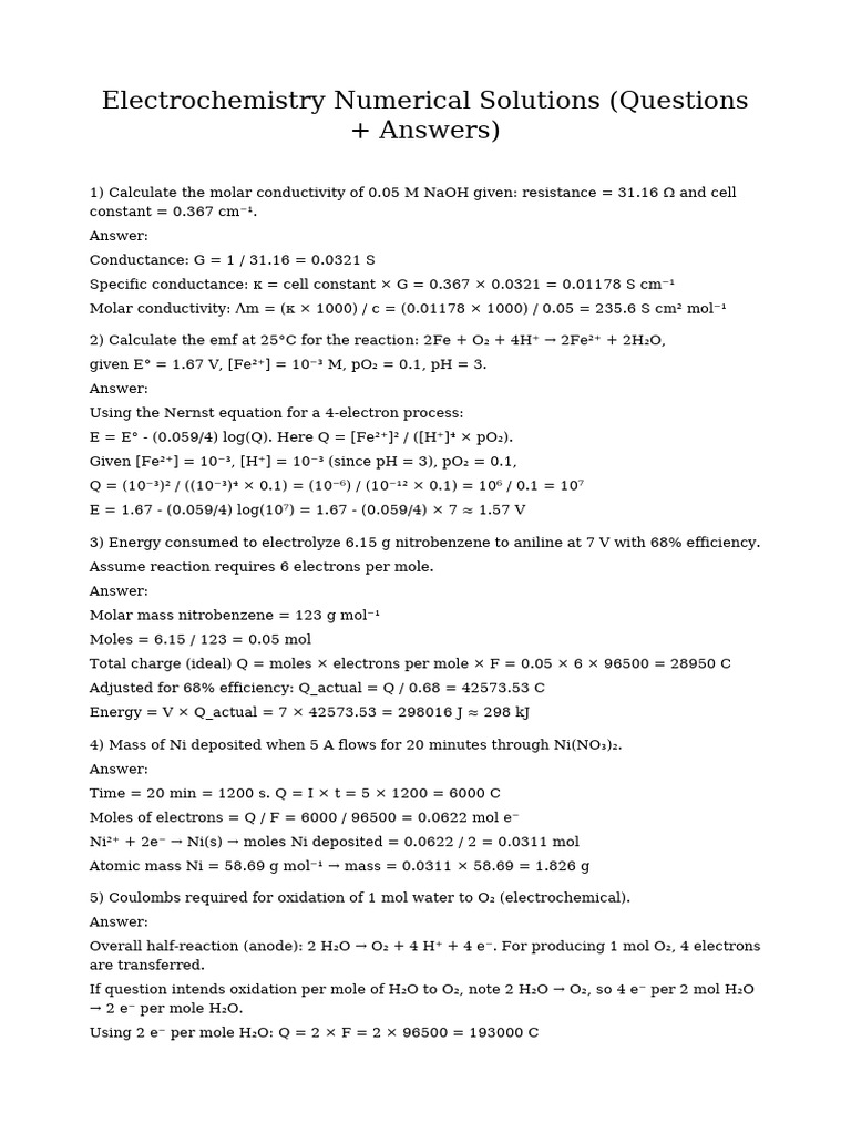 Electrochemistry Numericals Unicode | PDF | Electrochemistry | Mole (Unit)