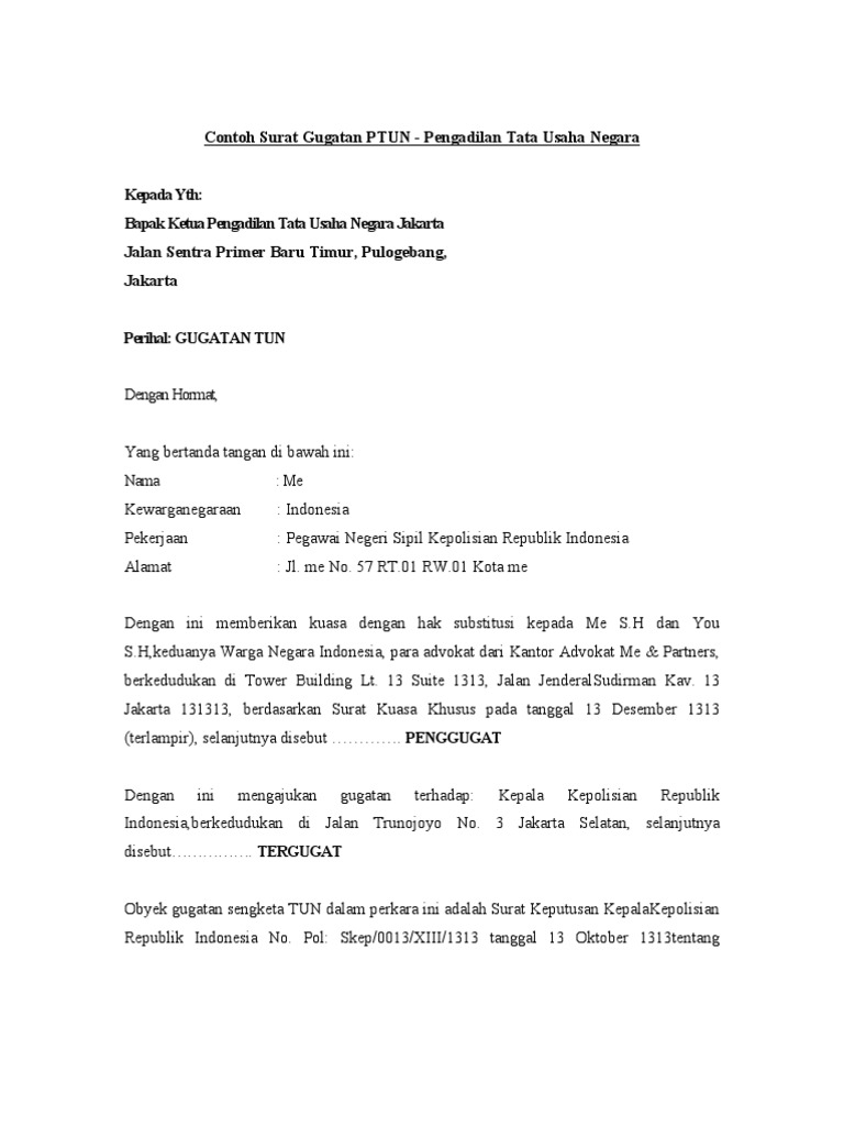 Contoh Surat Gugatan PTUN | PDF | Ilmu Sosial | Hukum