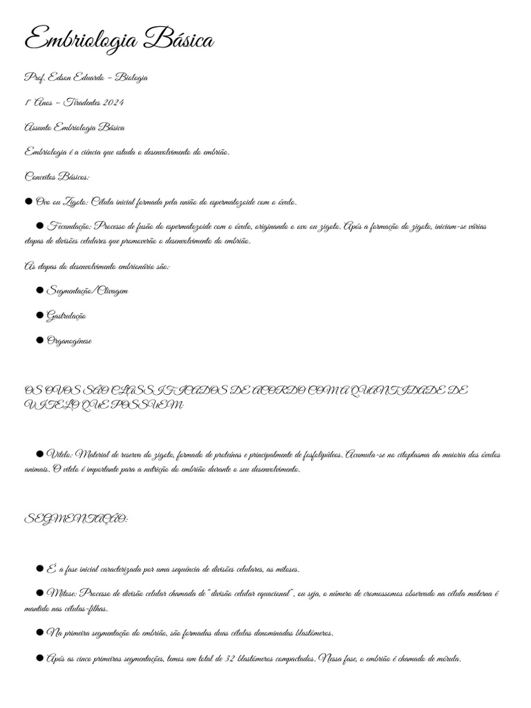 Fundamentos da Embriologia Básica | PDF | Ovo | Embrião