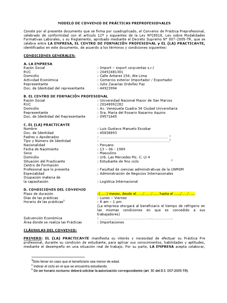 Modelo de Convenio de Prácticas Preprofesionales | PDF | Seguro | Business