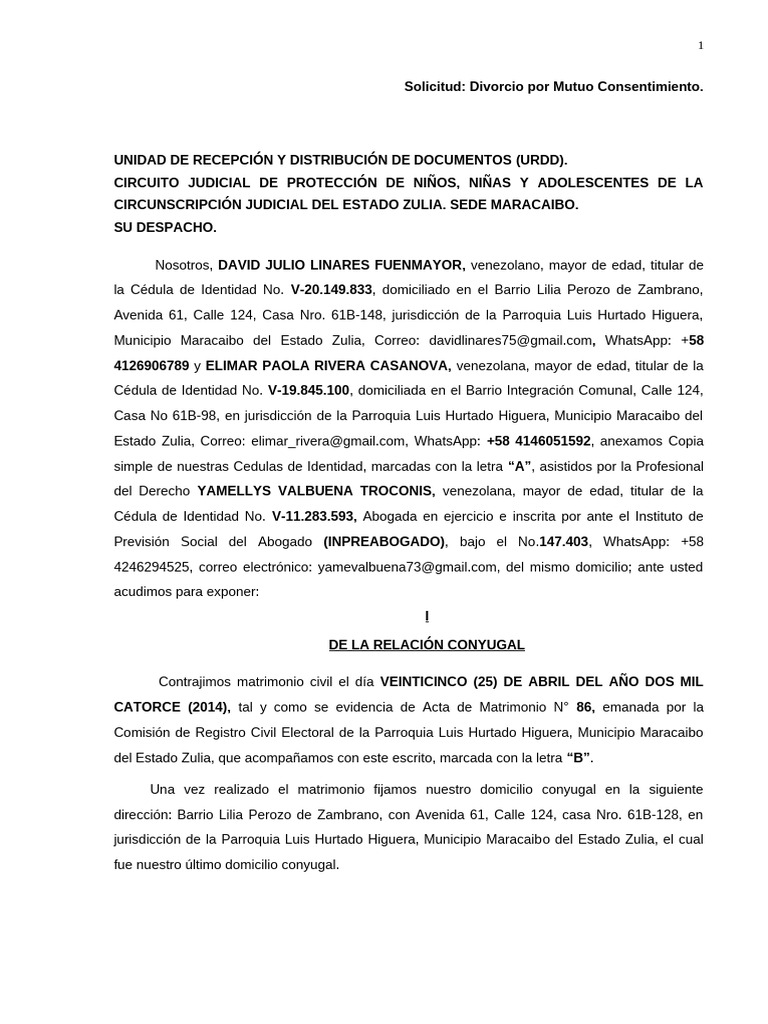 Divorcio Mutuo Consentimiento Con Hijos David Linares - Elimar Rivera | PDF | Divorcio | Justicia