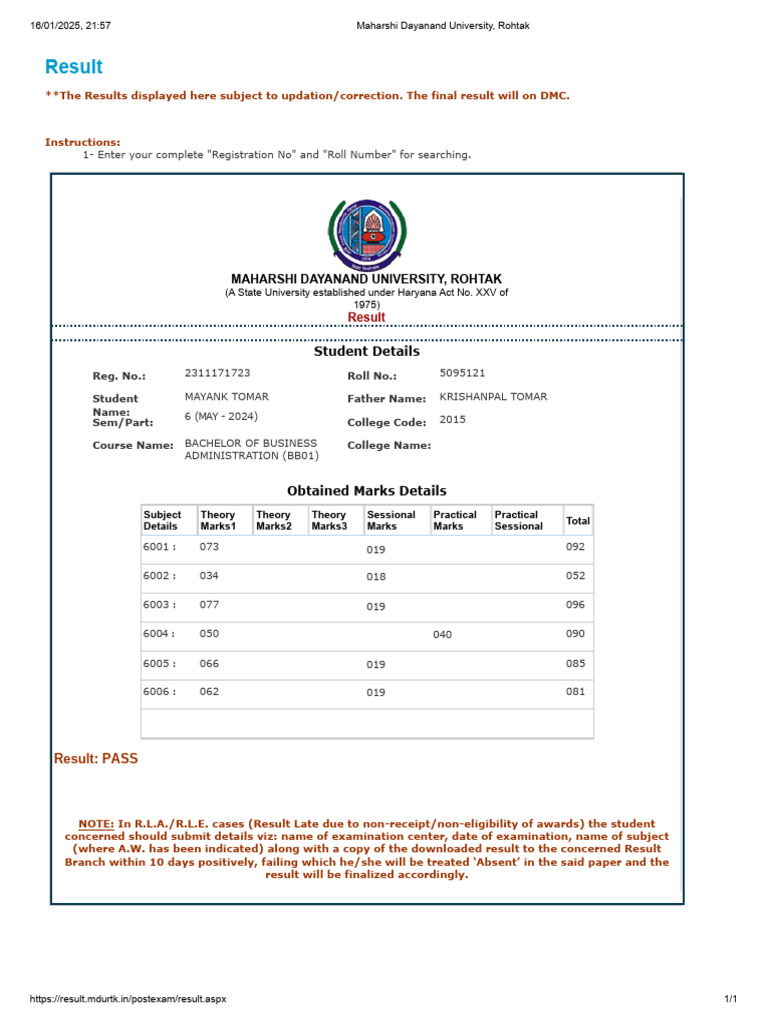 Mayank Mark Sheet Sem 06 | PDF