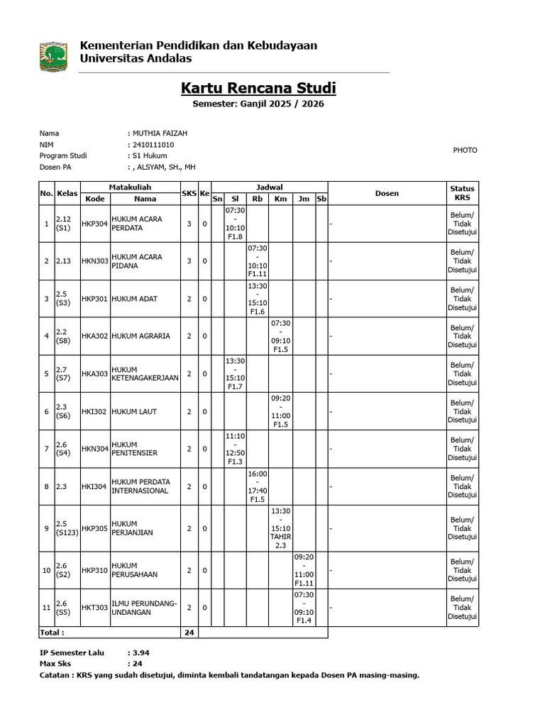 Cetak Rencana Studi - Portal Akademik Universitas Andalas | PDF