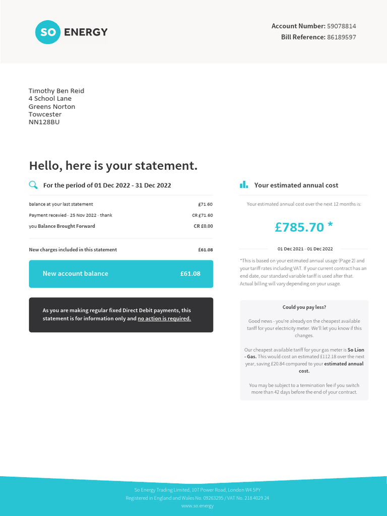 Utility Bill UK Timothy Ben Reid Bill Dec | PDF | Value Added Tax