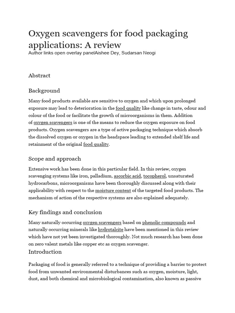 Oxygen Scavengers For Food Packaging Applications | PDF | Materials ...