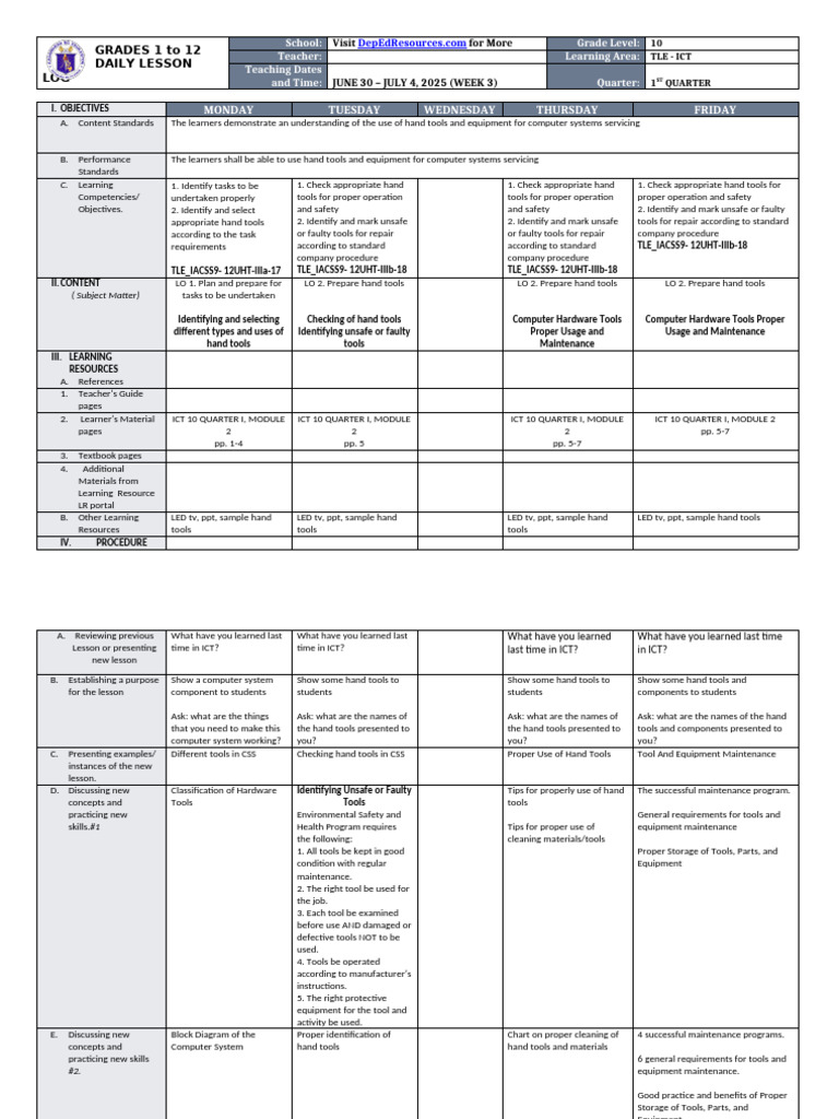 DLL - Tle-Ict Css 10 q1 - w3 | PDF | Educational Technology | Electrostatic Discharge