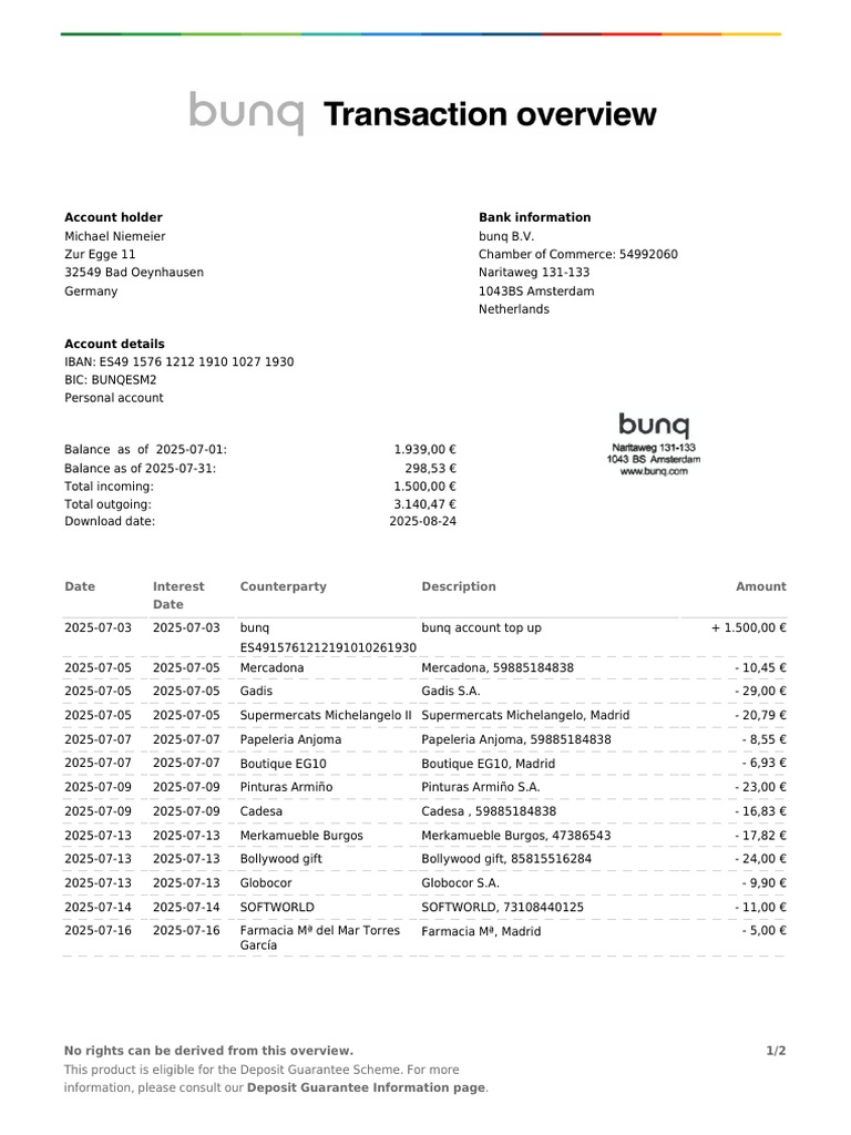 2025 08 24 - 10 27 54 - Bunq Statement | PDF