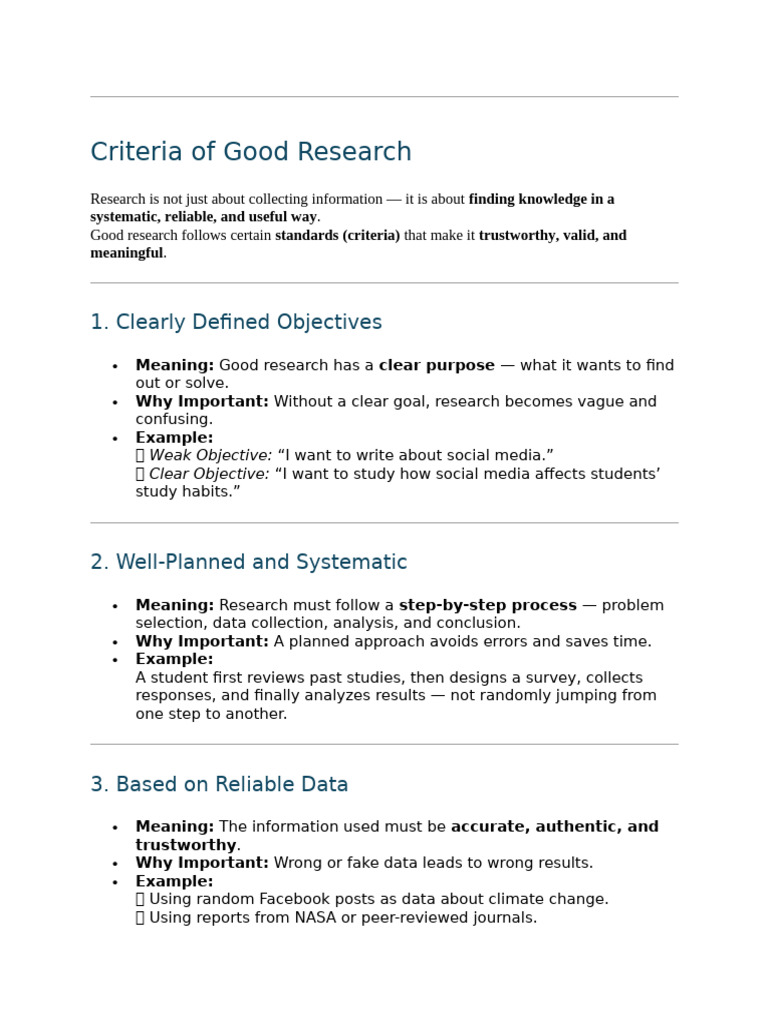 Criteria for Effective Research | PDF | Methodology | Learning