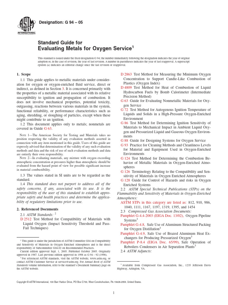 ASTM G94 Guide for Metals in Oxygen Service | PDF | Combustion | Metals