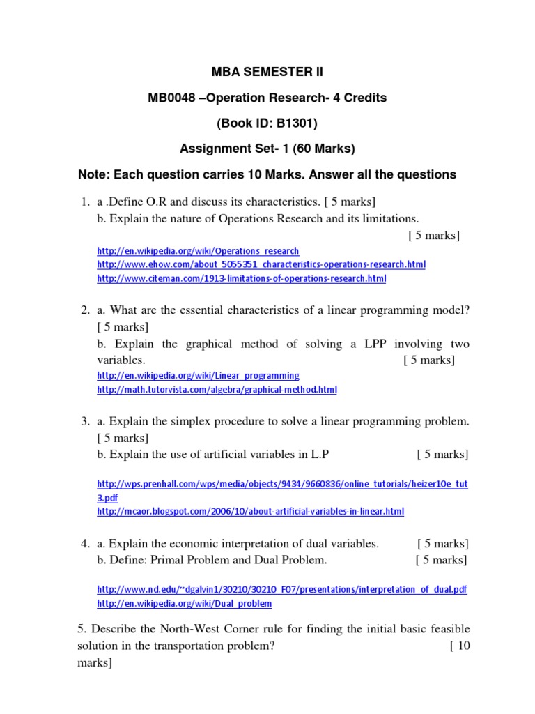 Mba Semester Ii MB0048 - Operation Research-4 Credits (Book ID: B1301 ...