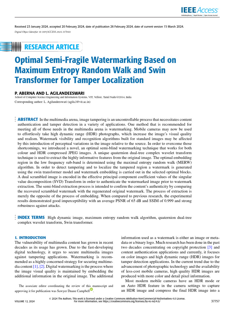 Optimal Semi-Fragile Watermarking Based On Maximum Entropy Random Walk and Swin Transformer For ...