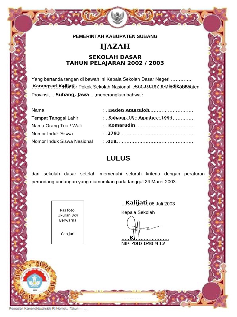 Format Ijazah SD | PDF