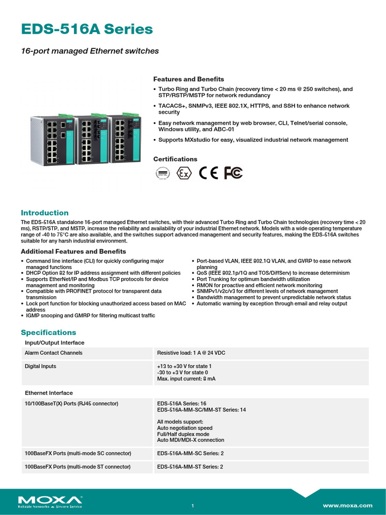 EDS-516A Ethernet Switch Overview | PDF | Telecommunications | Communications Protocols