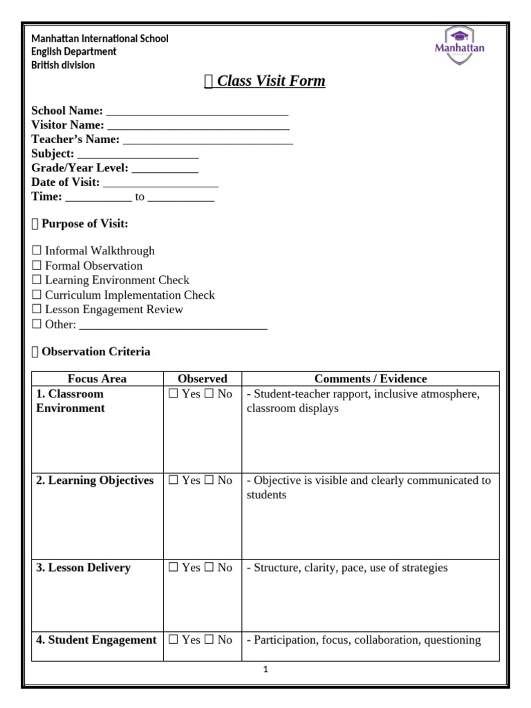 Class Visit Observation Template | PDF