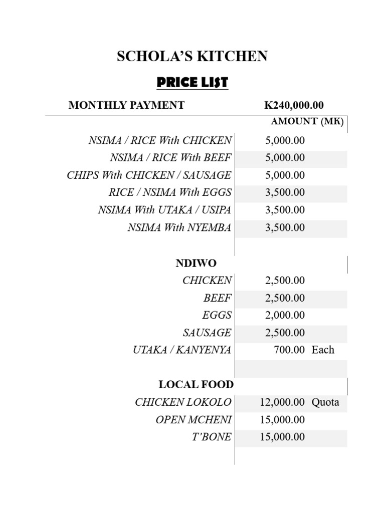 Schola's Kitchen Monthly Price List | PDF