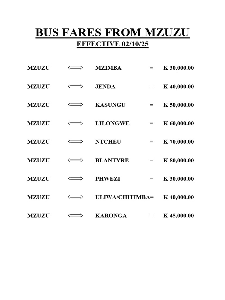 2025 Malawi Bus Fares Overview | PDF