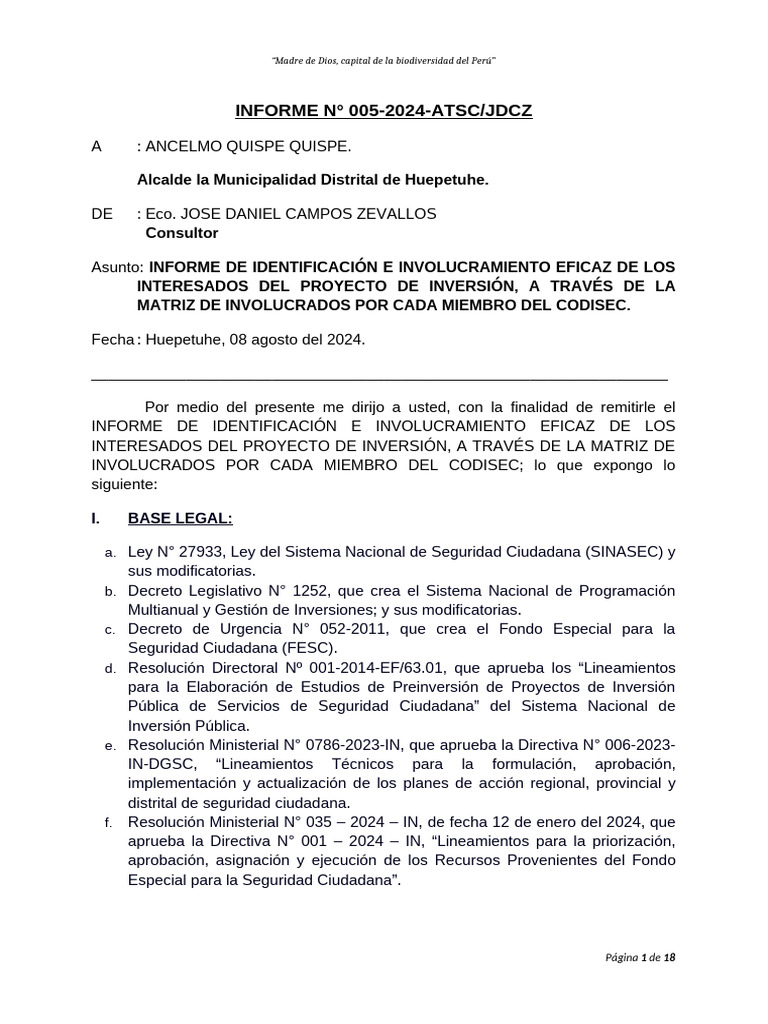 Matriz de Involucrados Por Cada Miembro Del CODISEC. | PDF | Policía | Perú