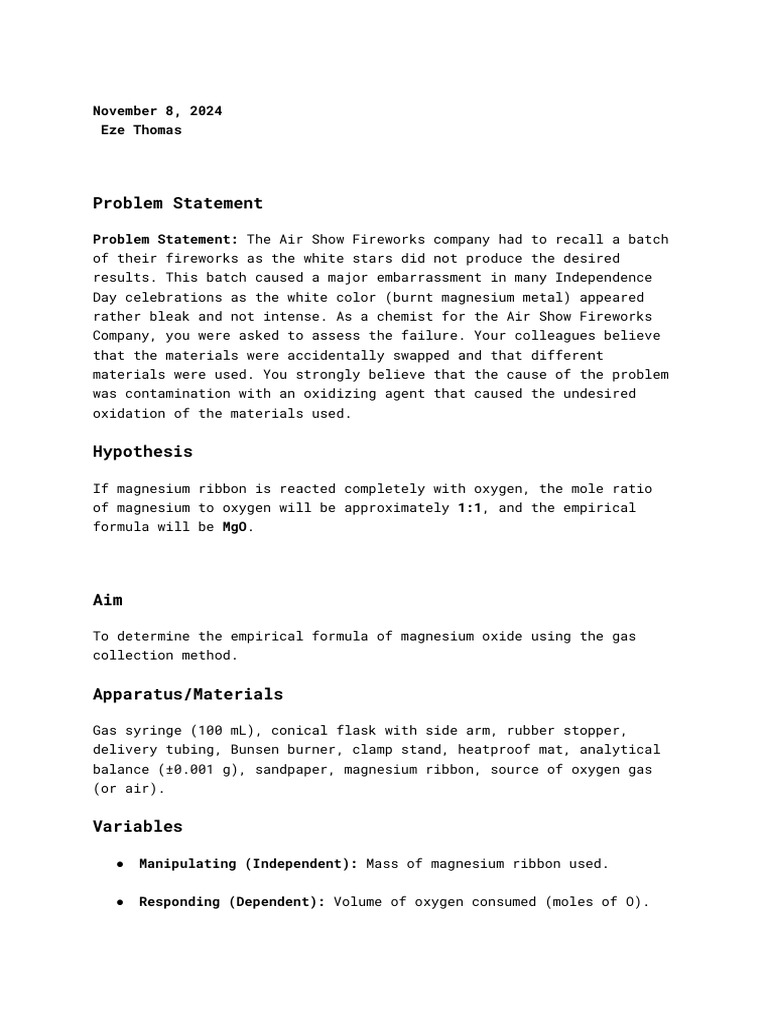 P&D Exp # 1 Empirical Formula of An Ionic Oxide (MgO) | PDF | Magnesium ...