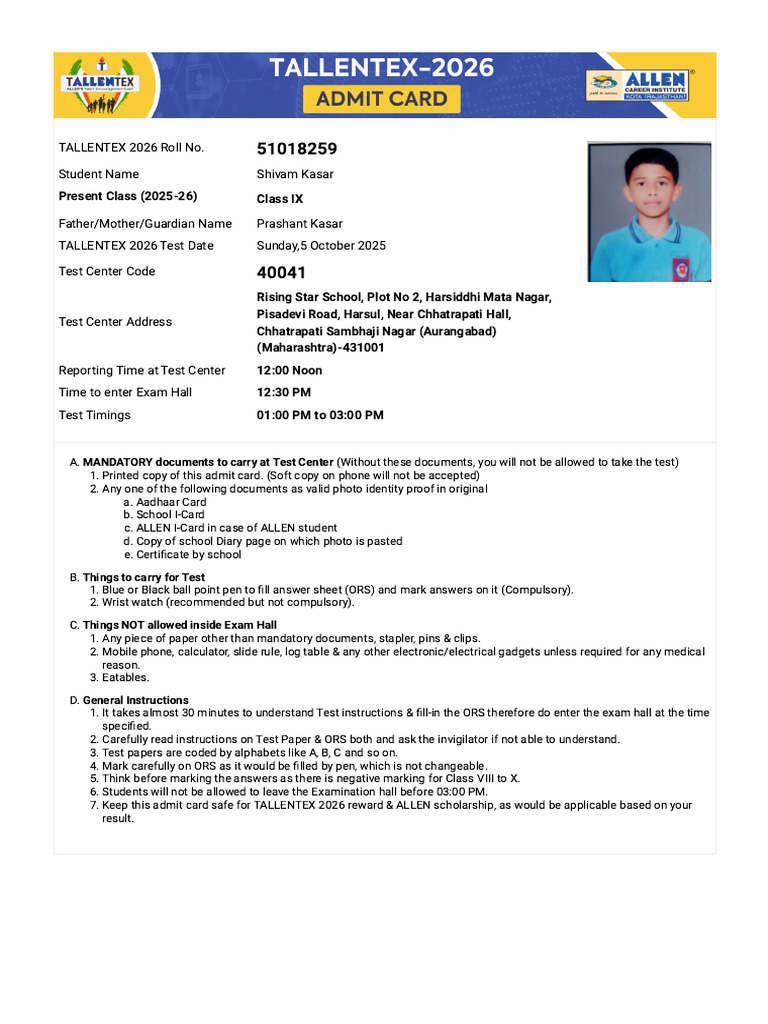Tallentex 2026 - Admit Card | PDF