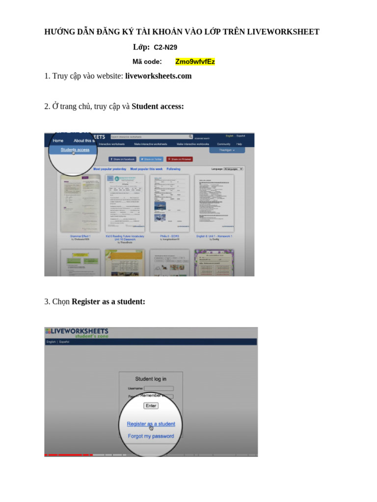 Hướng Dẫn Đăng Ký Vào Lớp c2-n29 Trên Liveworksheet | PDF