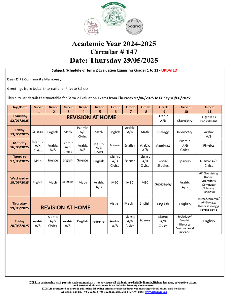 Term 2 Exam Schedule for DIPS 2025 | PDF | Mathematics