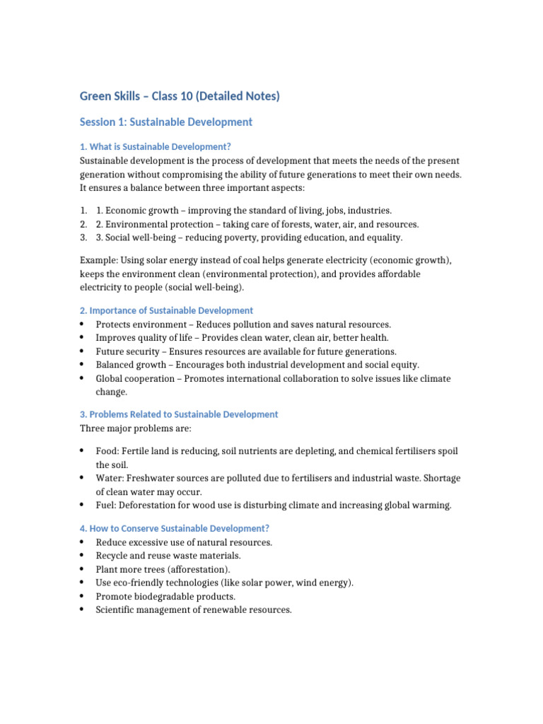 Green Skills Class 10 Detailed Notes | PDF | Sustainability ...