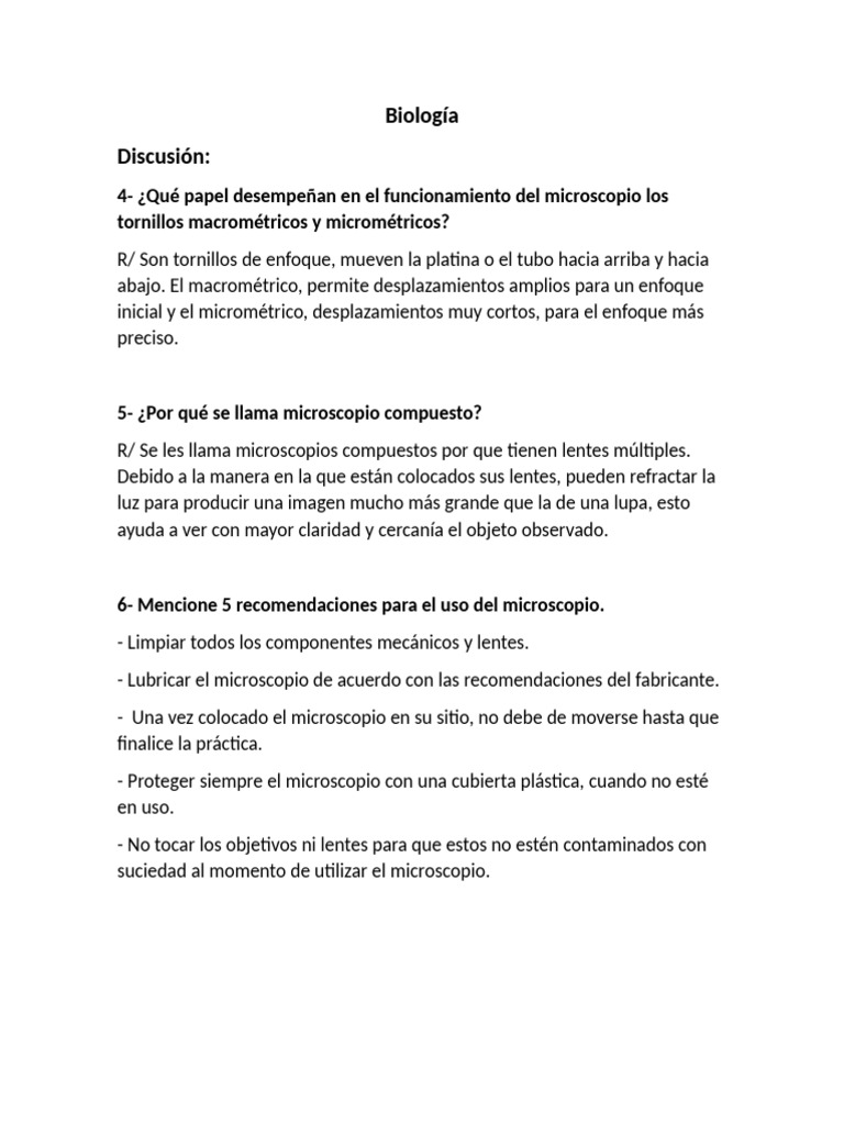 Info Biología - Discusión | PDF | Microscopio