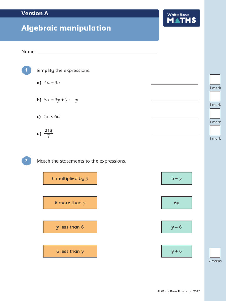 Y8 Autumn B3 EoB Assessment Version A | PDF | Algebra | Mathematics
