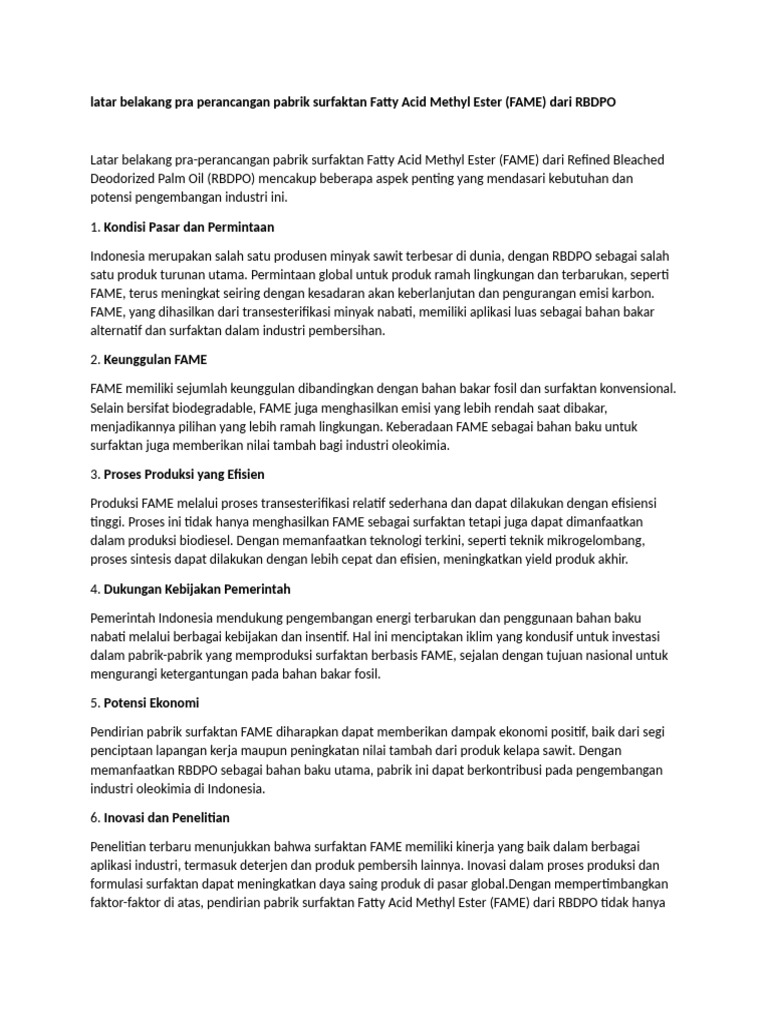 Latar Belakang Pra Perancangan Pabrik Surfaktan Fatty Acid Methyl Ester ...