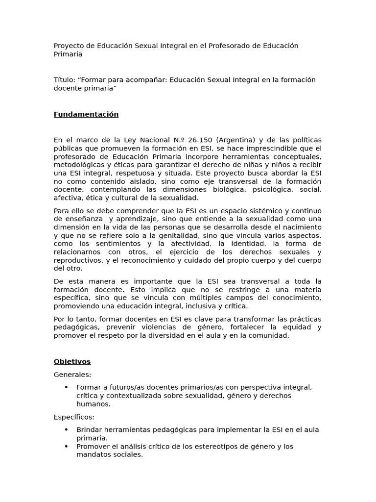 Proyecto de Educación Sexual Integral en El Profesorado de Educación Primaria | PDF | Maestros ...
