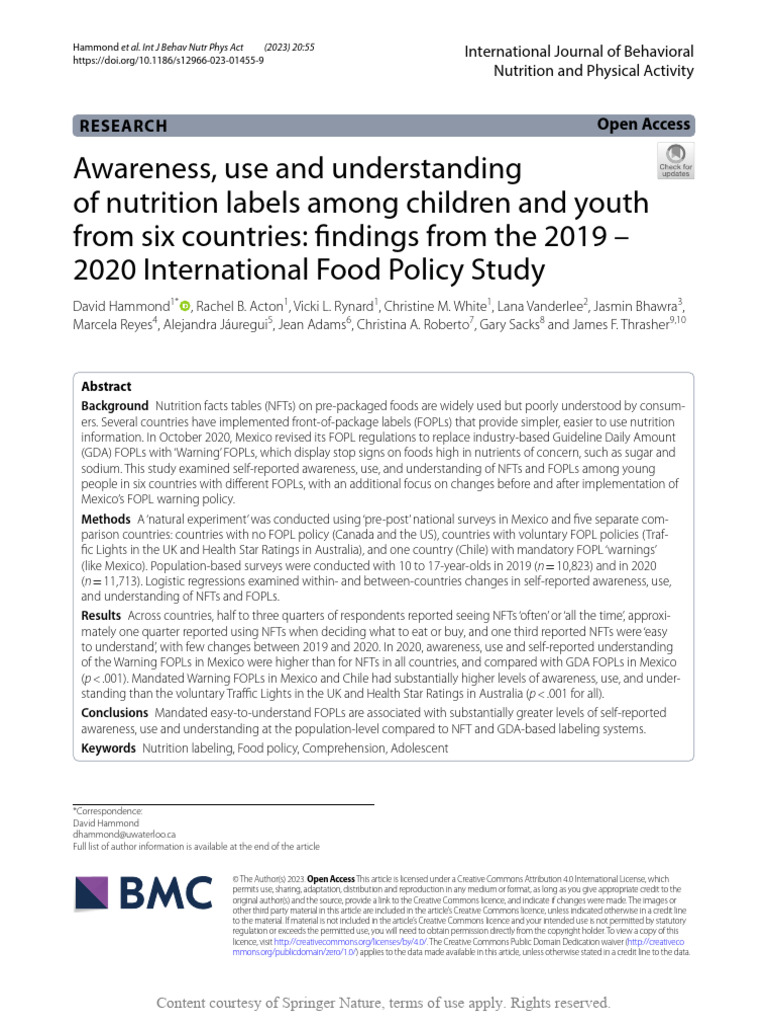 Awareness Use and Understanding of Nutrition Label | PDF | Nutrition ...