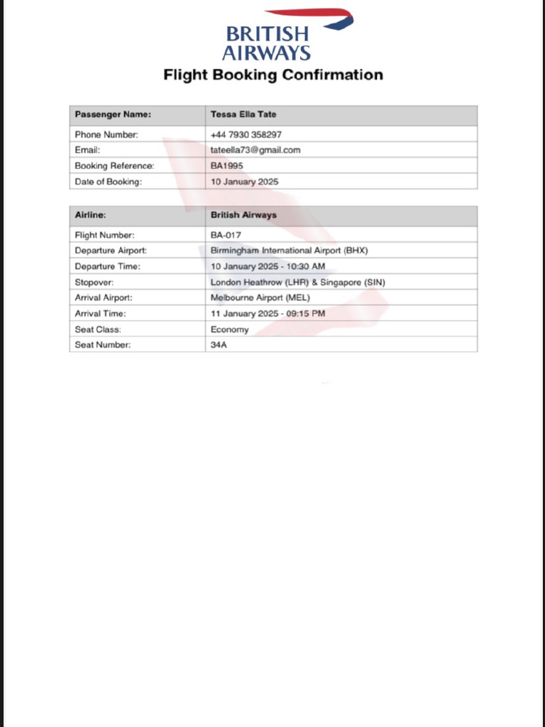 Flight Booking Confirmation BA | PDF