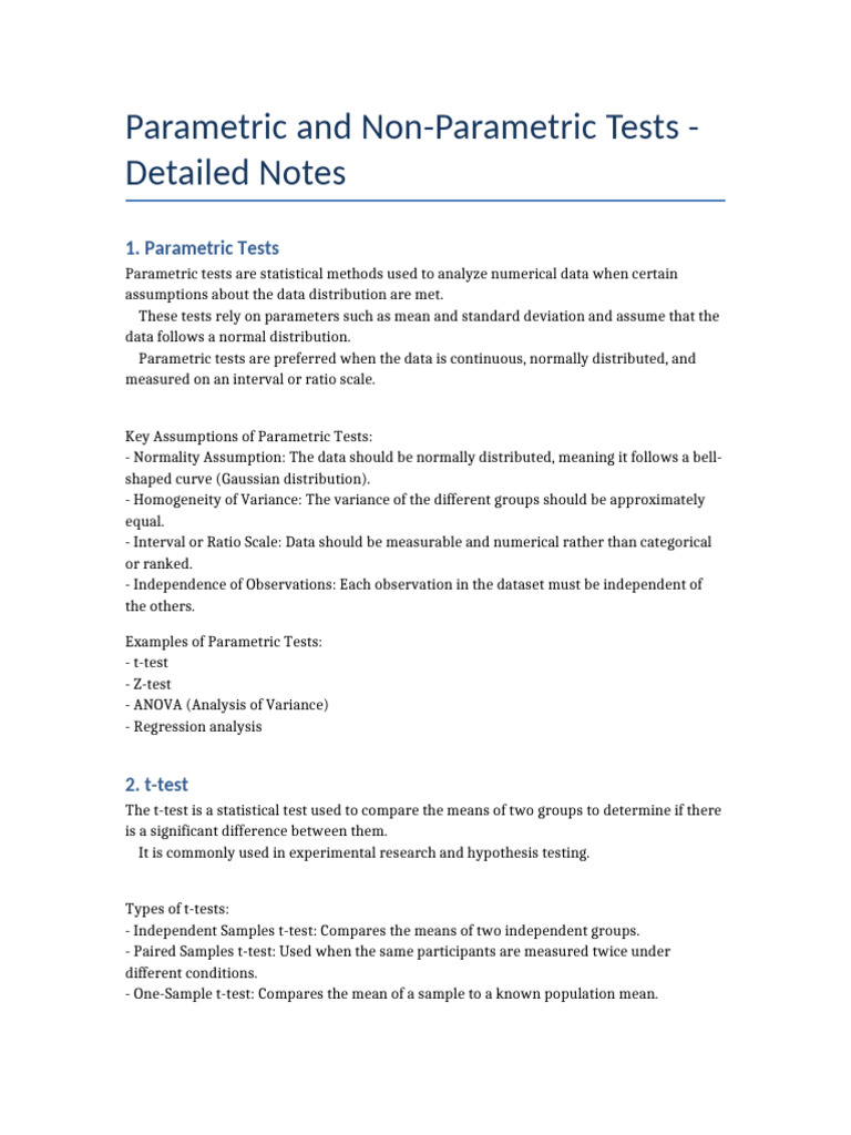 Parametric vs Non-Parametric Tests Guide | PDF | Student's T Test ...
