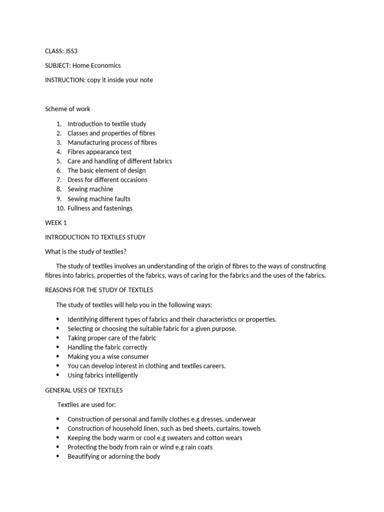 Textile Study for JSS3 Home Economics | PDF | Yarn | Textiles