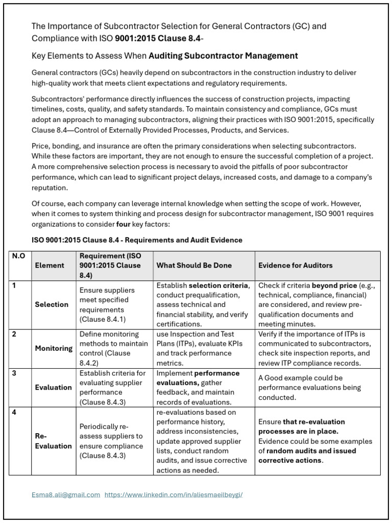 The Importance Subcontractor Selection For General Contractors | PDF | Audit | Regulatory Compliance
