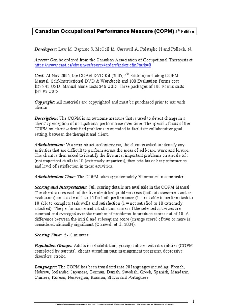 Outcome Copm | Occupational Therapy | Physical Therapy