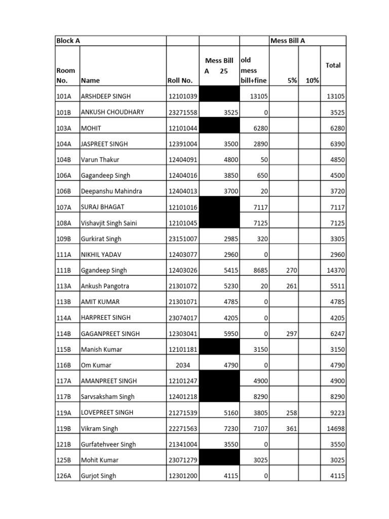 Mess Bill August 2025 Block A&b | PDF